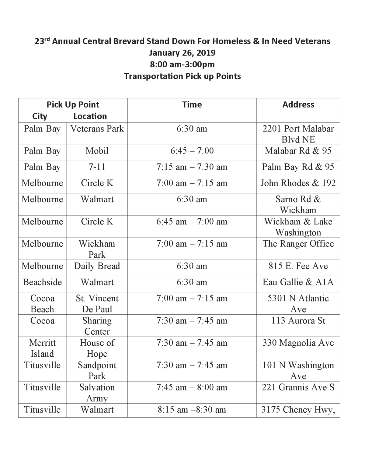 Stand Down Pick up Schedule - NVHS